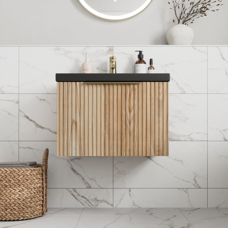Artis Fluted Wood Wall Hung Vanity Unit & Black Basin 600mm Brass