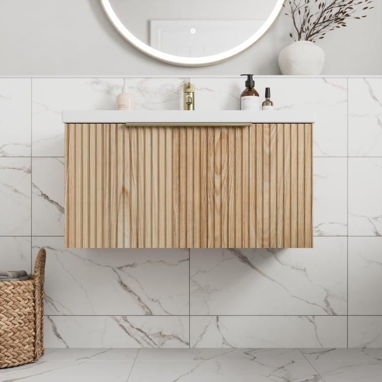 Artis Fluted Wood Wall Hung Vanity Unit & Basin 800mm - Brass