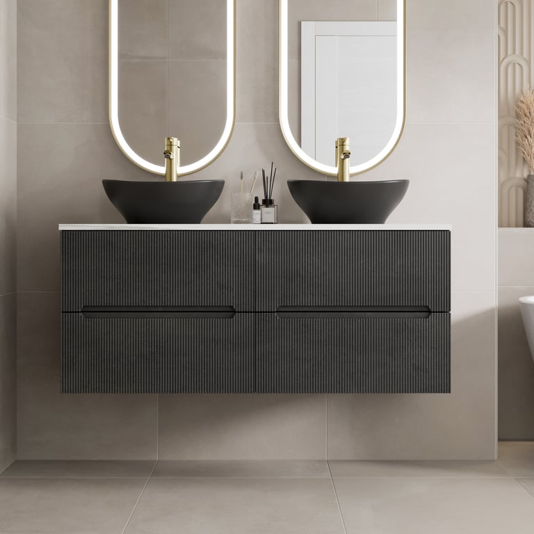 Vitusso Fluted Black & White Double Vanity & Basins Black 1200mm