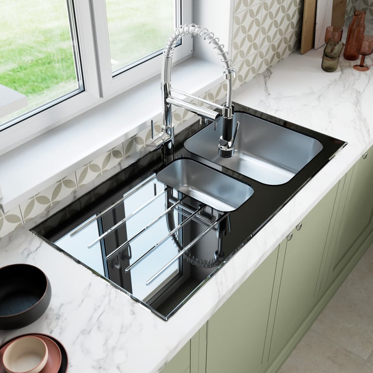 Sauber 1.5 Bowl Kitchen Sink with Black Glass Surround and Left Hand ...