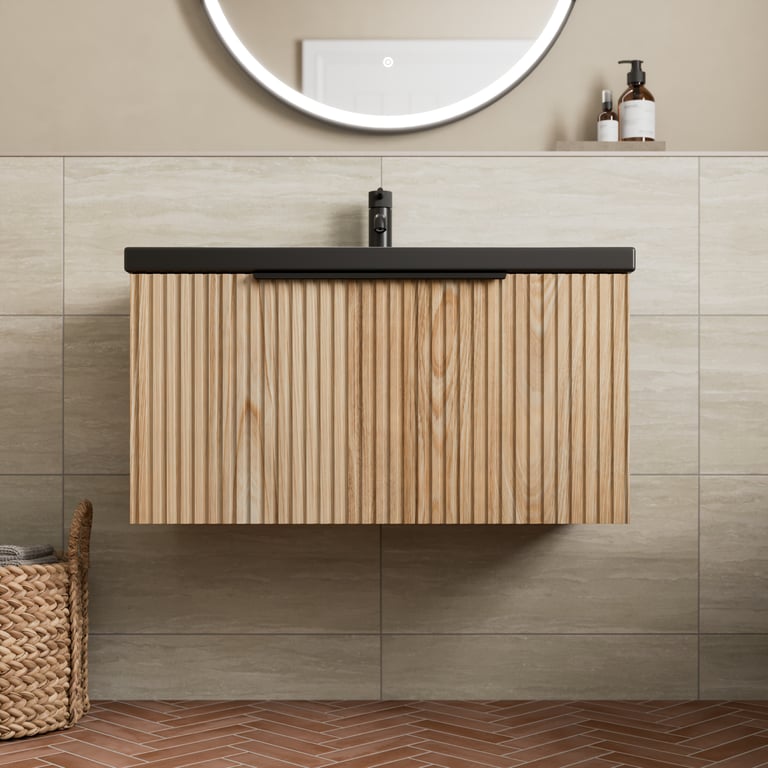 Artis Fluted Wood Wall Hung Vanity Unit with Basin 800mm & Handle
