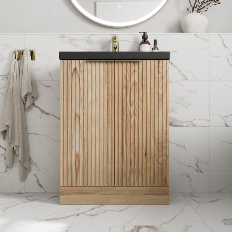 Artis Fluted Wood FS Vanity Unit & Black Basin 600mm - Brass