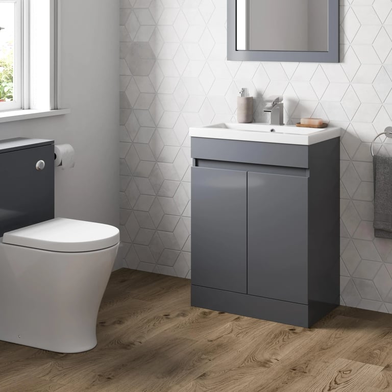 Artis Centro Grey Gloss Free Standing Door Vanity Unit & Basin - 600mm ...
