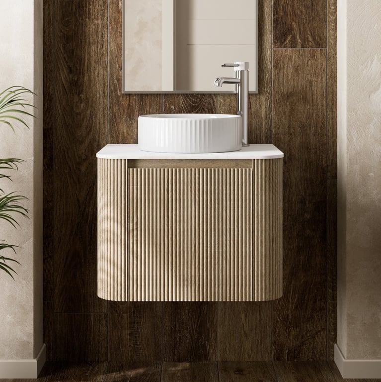 Foss & Wells Deku Fluted Oak Wall Hung Vanity Unit & Basin 600mm