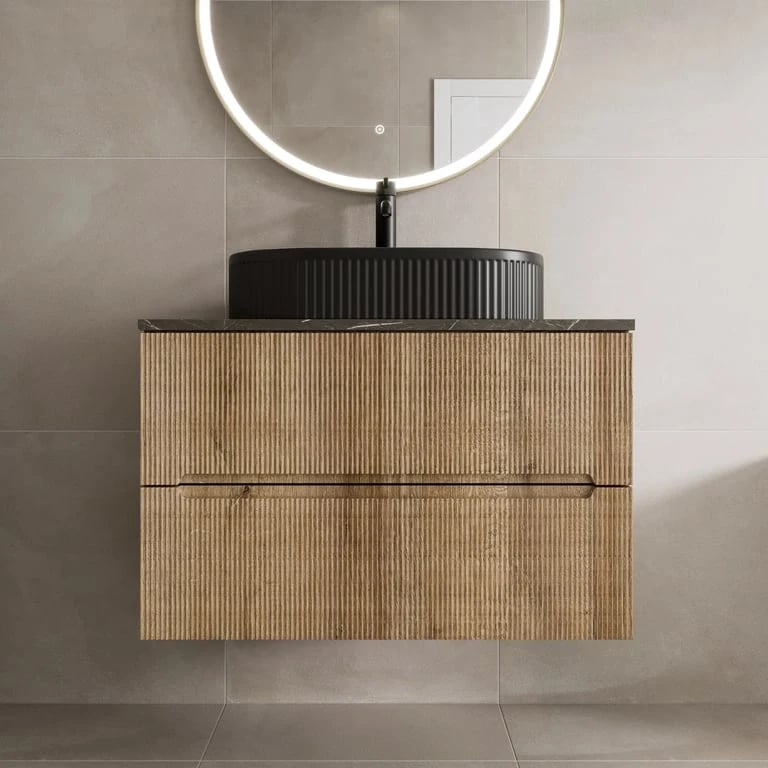 Vitusso Fluted Wood/Grey Vanity Unit Oval Fluted Basin Blk 800mm