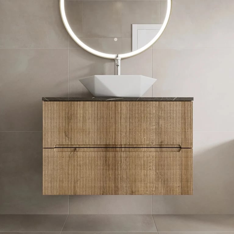 Vitusso Fluted Wood/Grey Vanity Unit, Geometric Basin 800mm