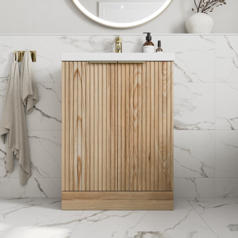 Artis Fluted Wood Freestanding Vanity Unit & Basin 600mm - Brass