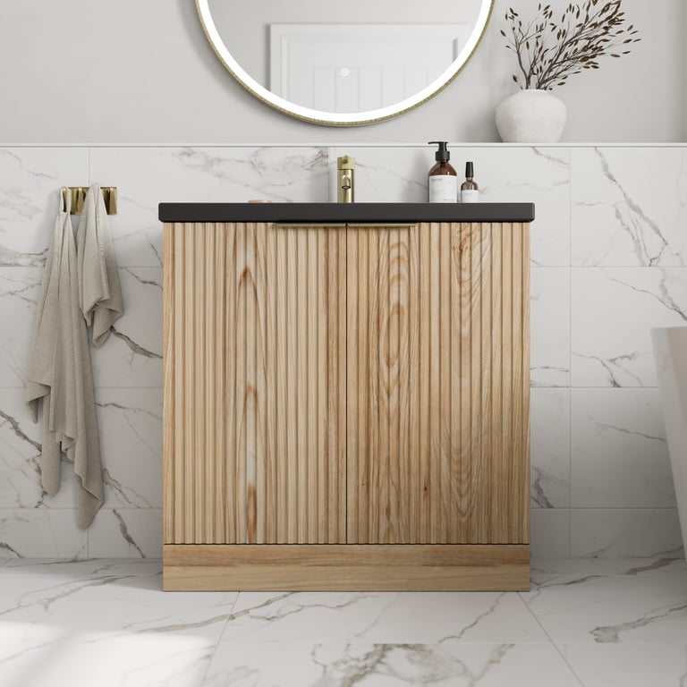 Artis Fluted Wood FS Vanity Unit & Black Basin 800mm - Brass