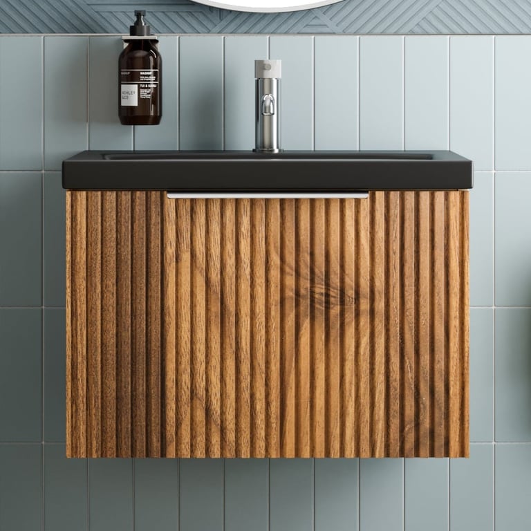 Artis Fluted Walnut Wall Hung Vanity Unit, Black Basin 600mm