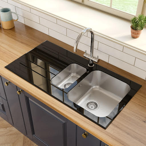 Sauber 1.5 Bowl Kitchen Sink with Black Glass Surround and Left Hand ...