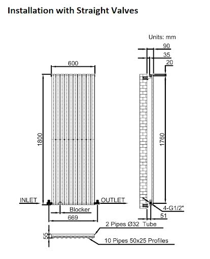 DuraTherm Vertical Oval Tube Single Panel Designer Radiator - 1800 x ...
