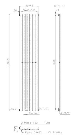 DuraTherm Vertical Oval Tube Single Panel Designer Radiator - 1800 x ...
